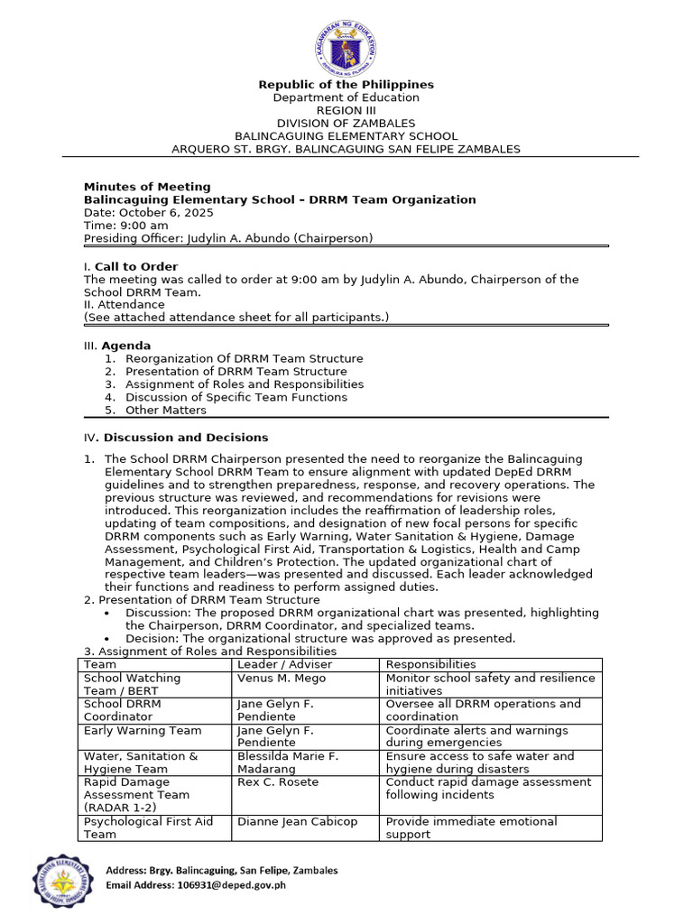 Minutes of Meeting Drrm | PDF | Learning | Classroom
