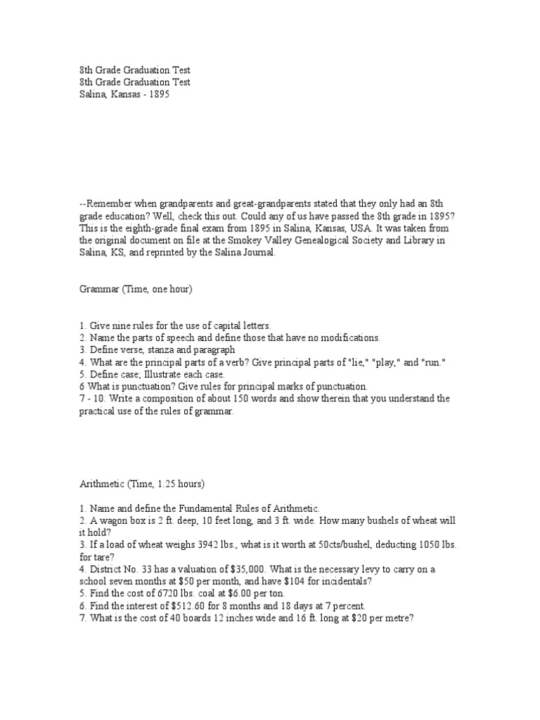 1895 8th Grade Graduation Test | PDF