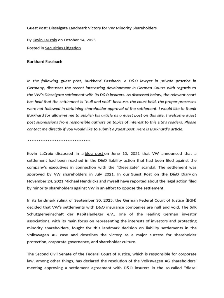 Dieselgate Landmark Victory for VW Shar | PDF | Insurance | Board Of ...