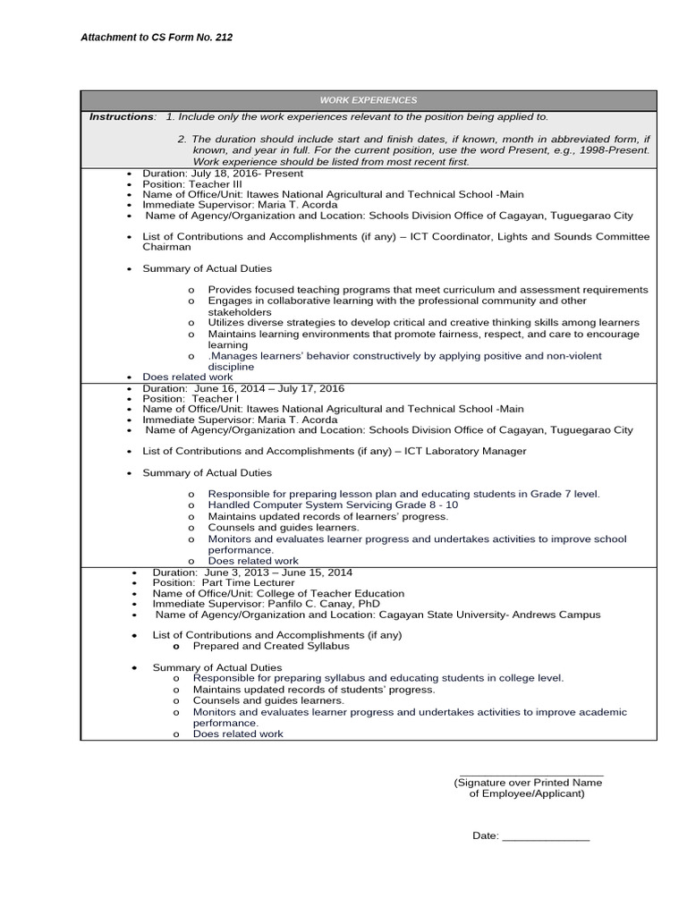 LOVELY CS Form No. 212 Attachment Work Experience | PDF | Learning ...