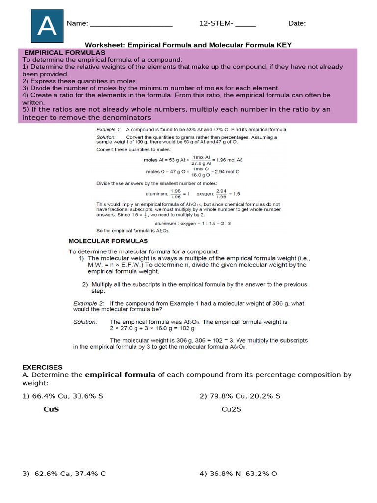 Empircal and Molecular Worksheet | PDF | Mole (Unit) | Ratio