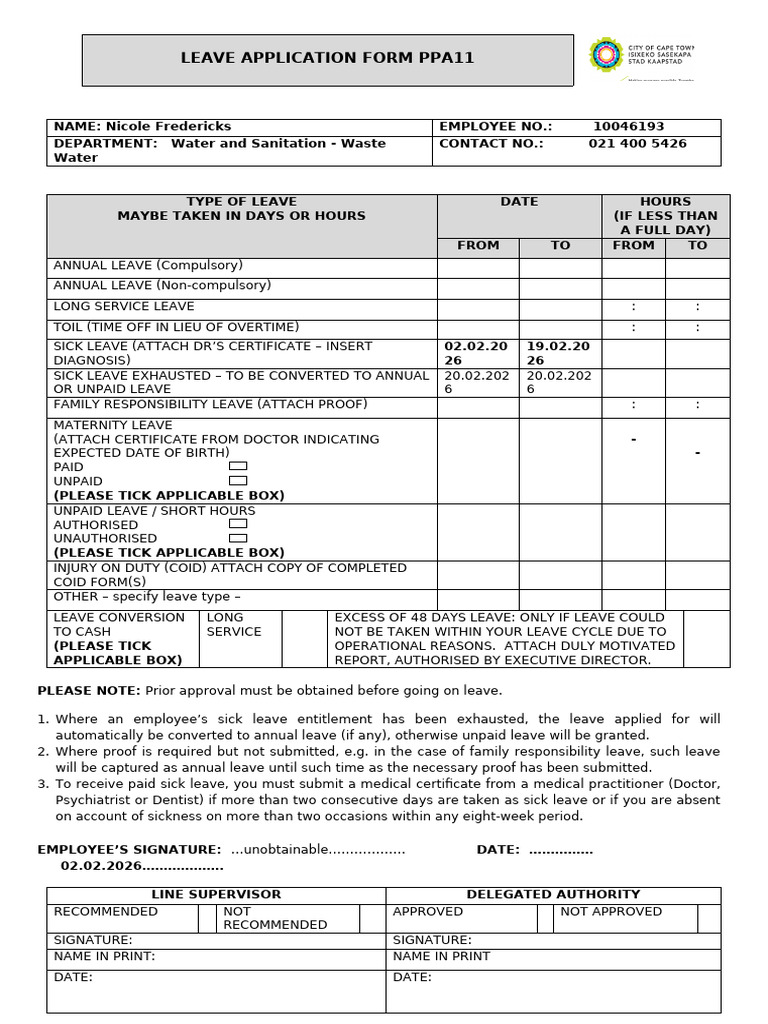 New Leave Application Form (PPA11) | PDF | Sick Leave | Overtime
