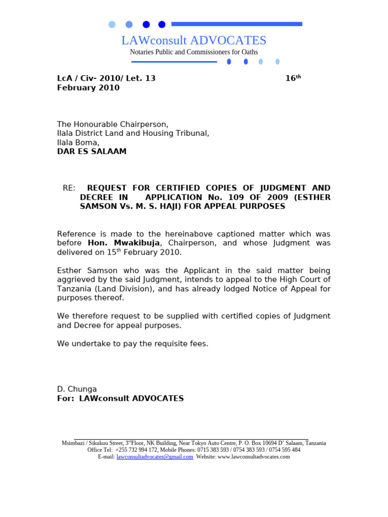 Letter Requesting Judgment - Esther Samson | PDF
