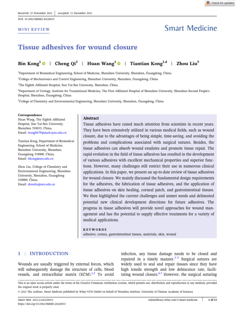 Smart Medicine - 2023 - Kong - Tissue Adhesives For Wound Closure | PDF ...