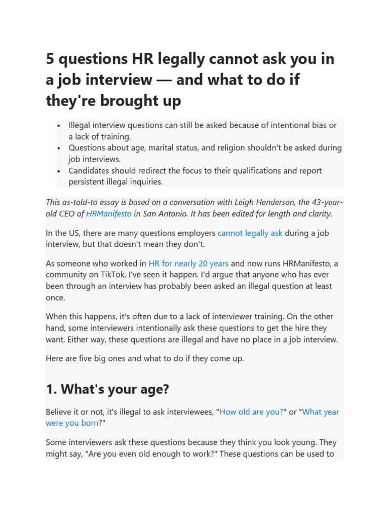 5 Questions HR Legally Cannot Ask You in a Job Interview | PDF ...