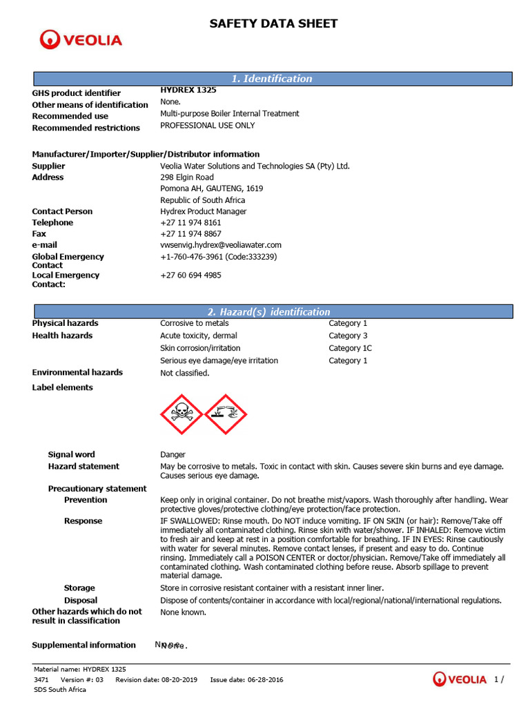HYDREX 1325 - Msds (Boiler Water Internal Treatment) - For Deposit ...
