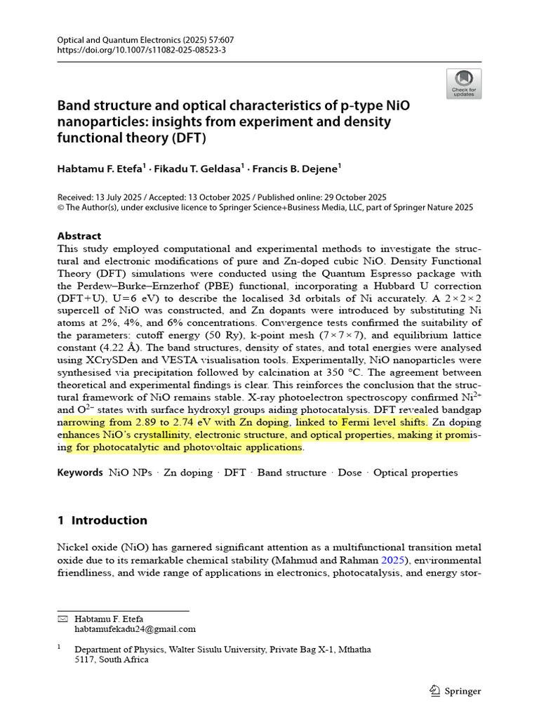 Band Structure and Optical Characteristics of P-Type NiO Nanoparticles ...