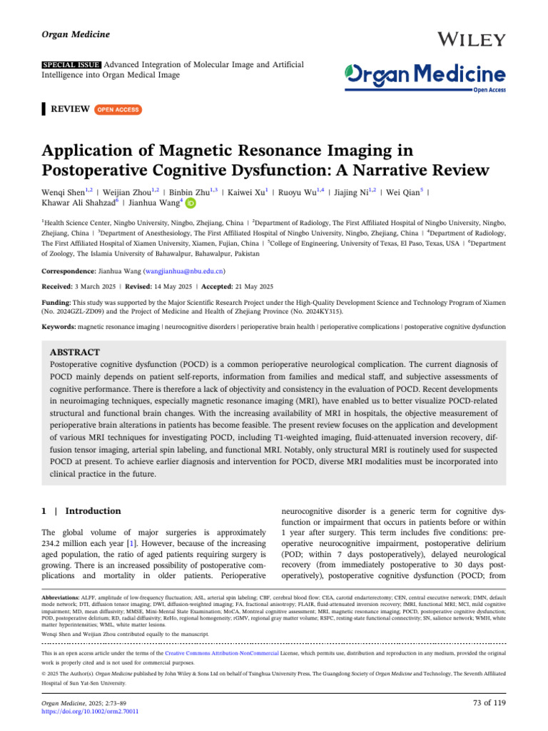 Application of Magnetic Resonance Imaging in Postoperative Cognitive ...
