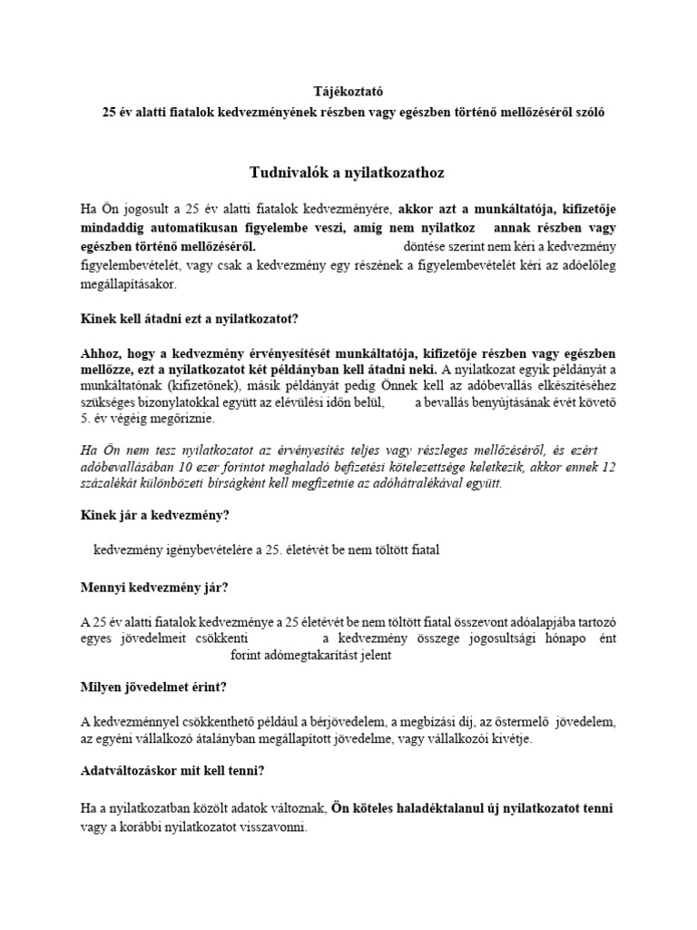25 Év Alatti Fiatalok Kedvezménye Kitöltési Útmutató | PDF