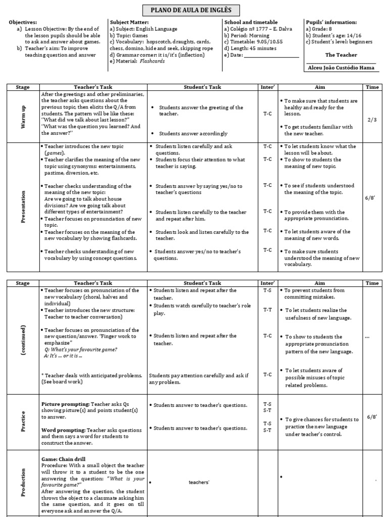 Plano de Aula 8 (Lesson Plan) Topic (Games) | PDF | Vocabulary | Cognition