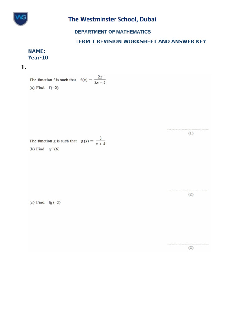 Yr10 Term 1 Revision Worksheet and Answer Key | PDF