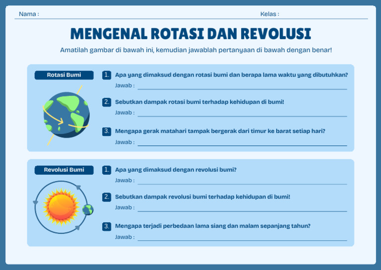 Lembar Kerja Mengenal Rotasi Dan Revolusi Dalam Gaya Ilustratif Biru | PDF