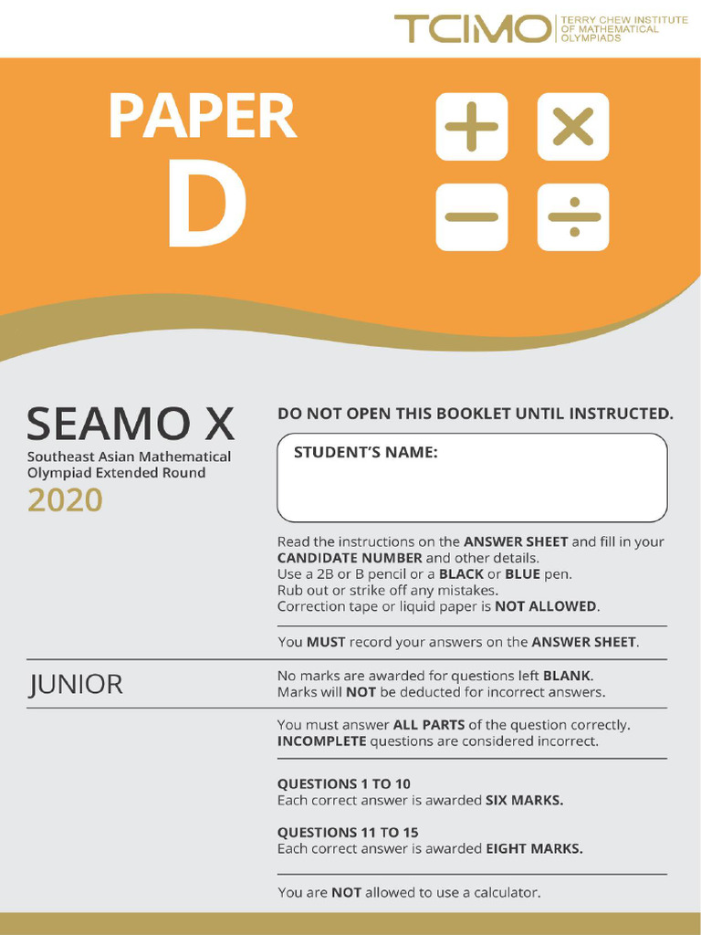 SEAMO X 2020 Paper D Problem Set With Answer Keys | PDF | Elementary ...