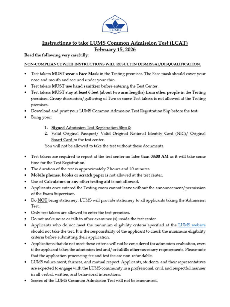 Instructions to Take LUMS Common Admission Test Fall 2026 | PDF