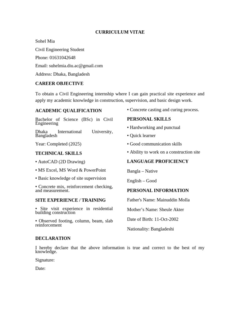Civil Engineering Internship CV | PDF