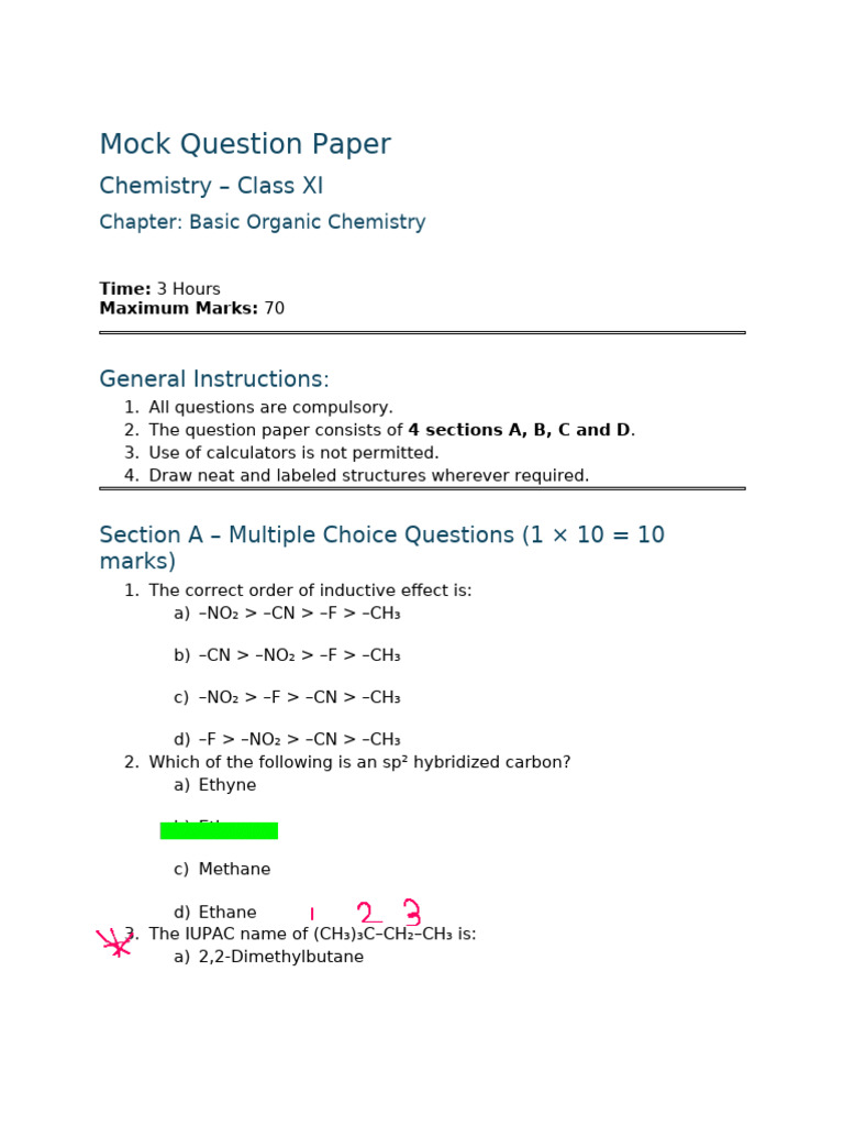 Mock Question Paper – Basic Organic Chemistry (Class Xi) | PDF | Alkane ...