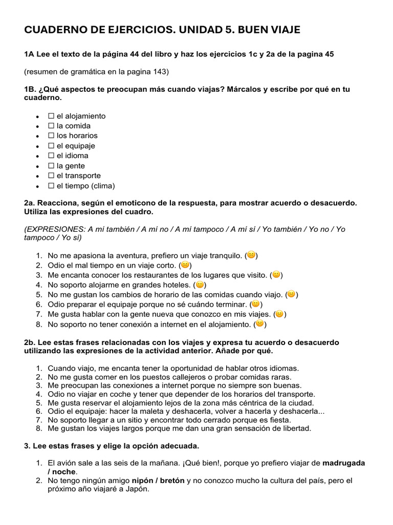 Cuaderno de Ejercicios. Unidad 5 Buen Viaje | PDF