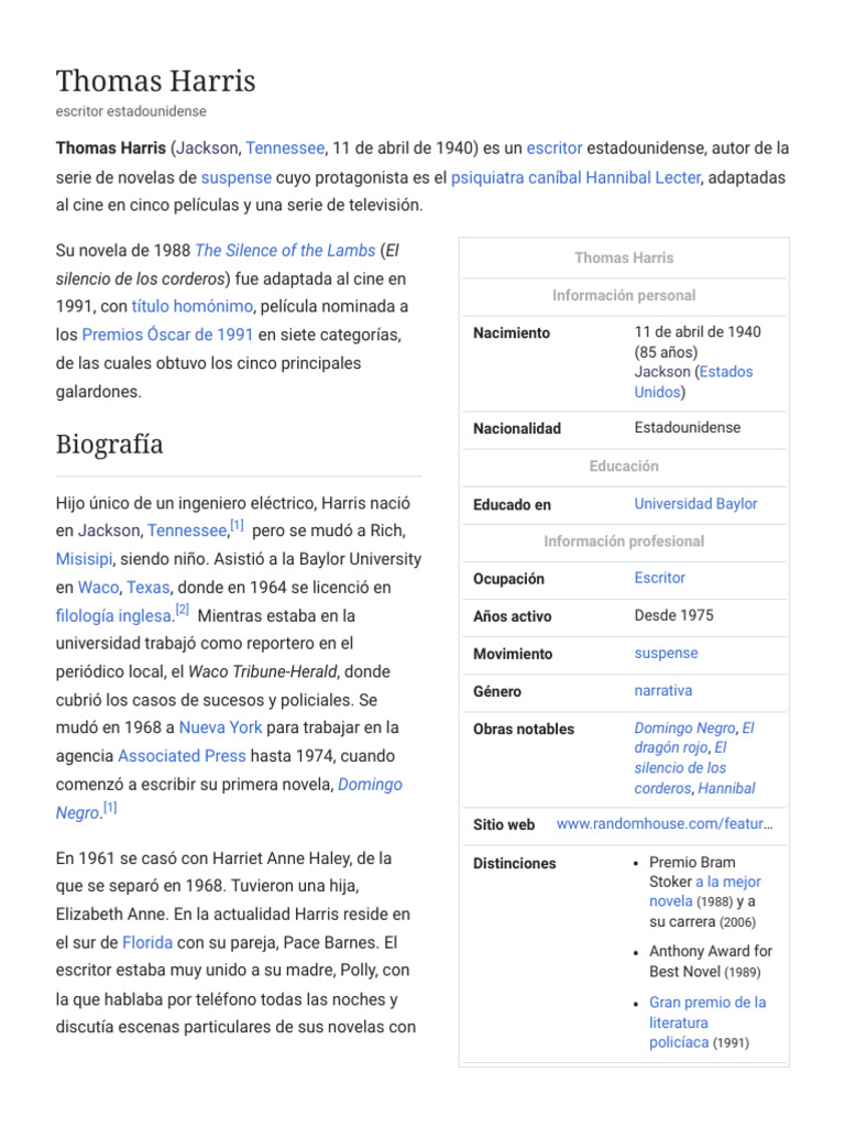 Thomas Harris - Wikipedia, La Enciclopedia Libre | PDF
