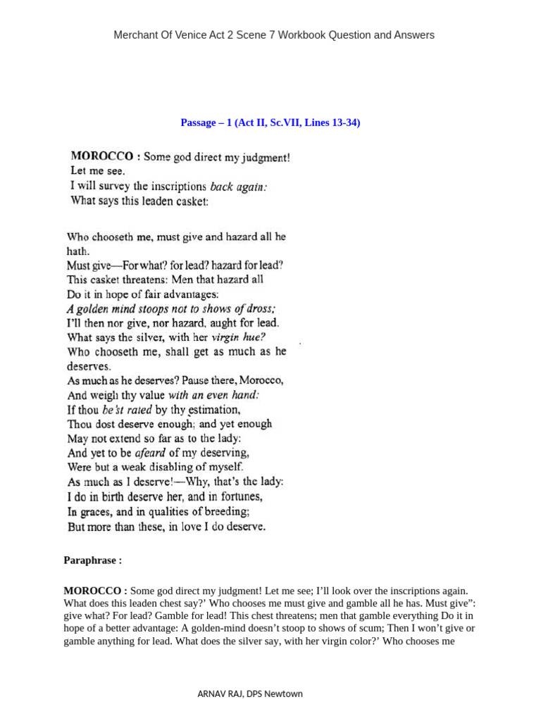 Merchant of Venice Act 2 Scene 7 Workbook Answers | PDF | The Merchant ...