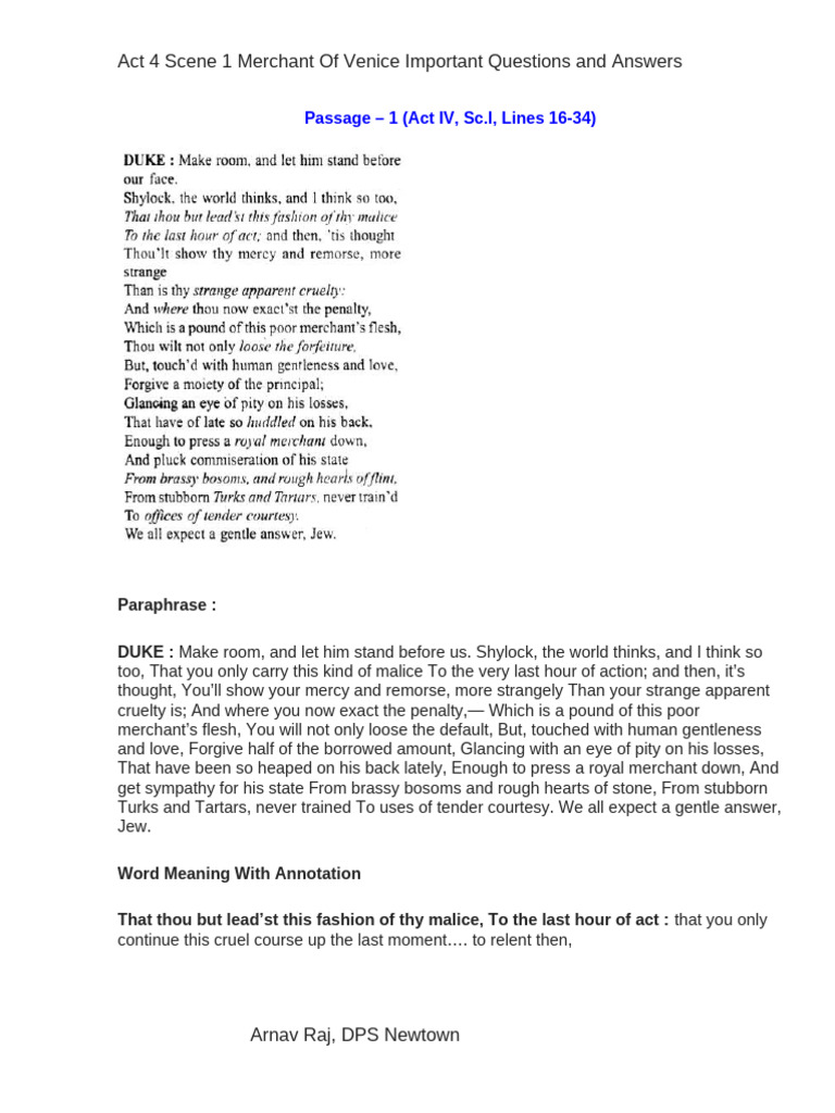 Act 4 Scene 1 Merchant of Venice Workbook Important Questions and ...