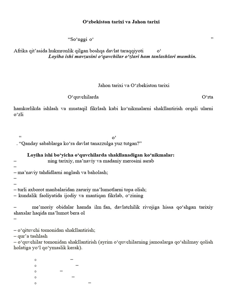 9-Sinf. Jahon Va Ozbekiston Tarixi. Loyiha Ishi - BSB-3 | PDF