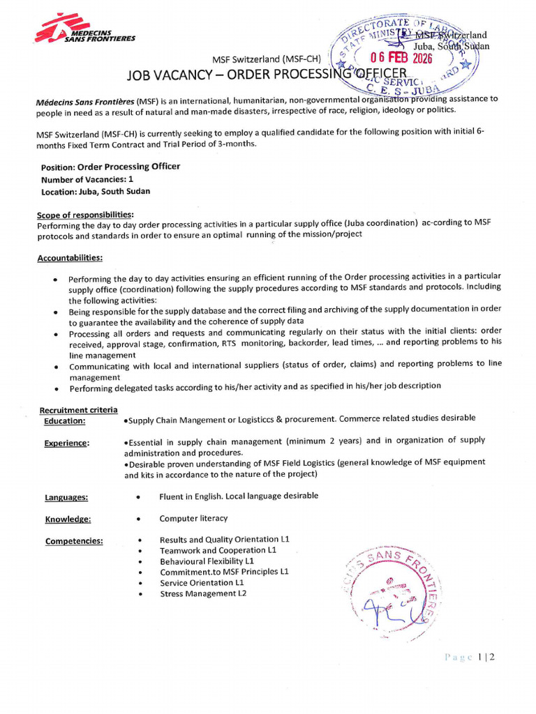 Vacancy of Order Processing Officer - MSFCH Juba | PDF