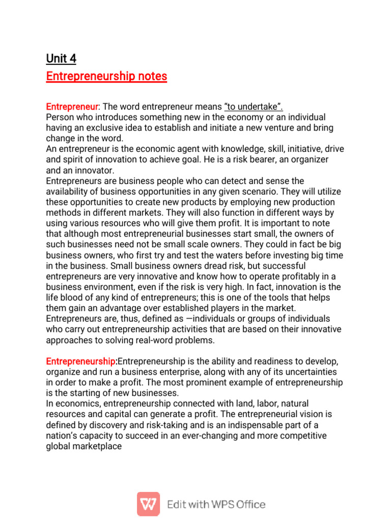 Unit 4 Entrepreneurship Notes | PDF | Entrepreneurship | Partnership