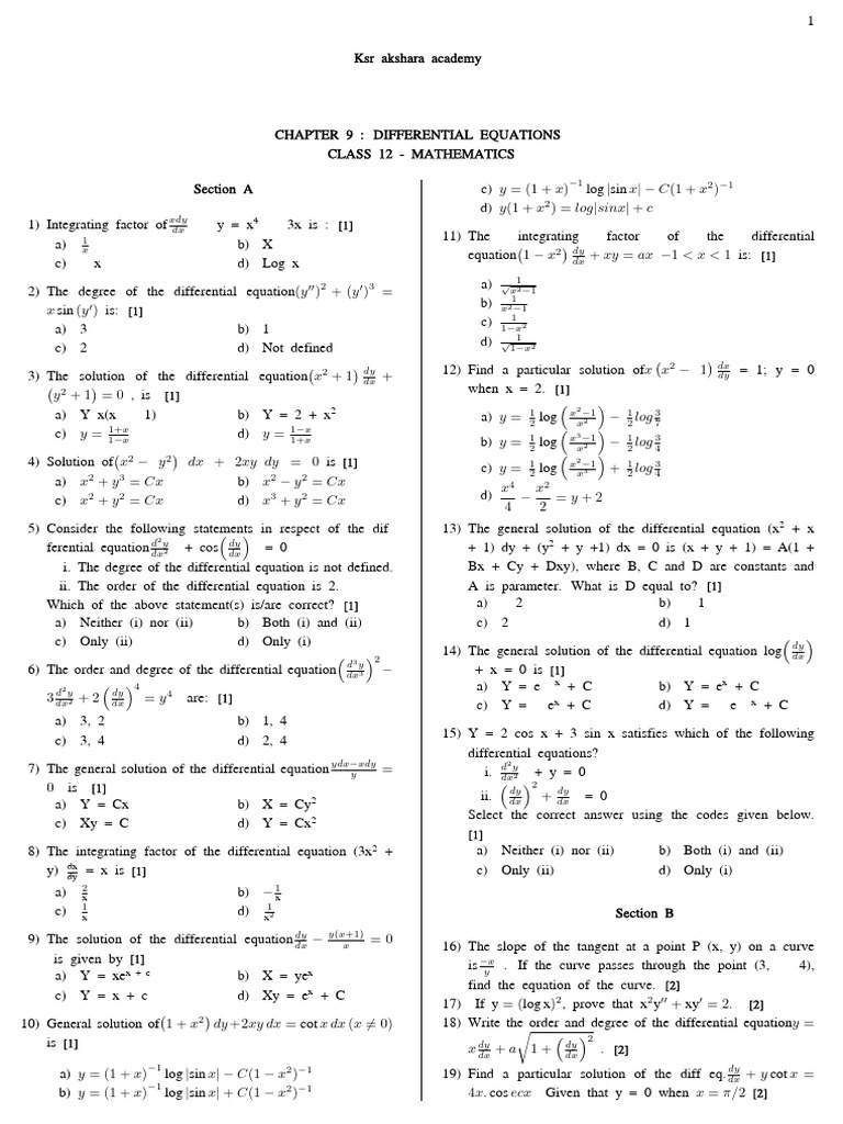09 Differential Equations QP | PDF | Equations | Tangent