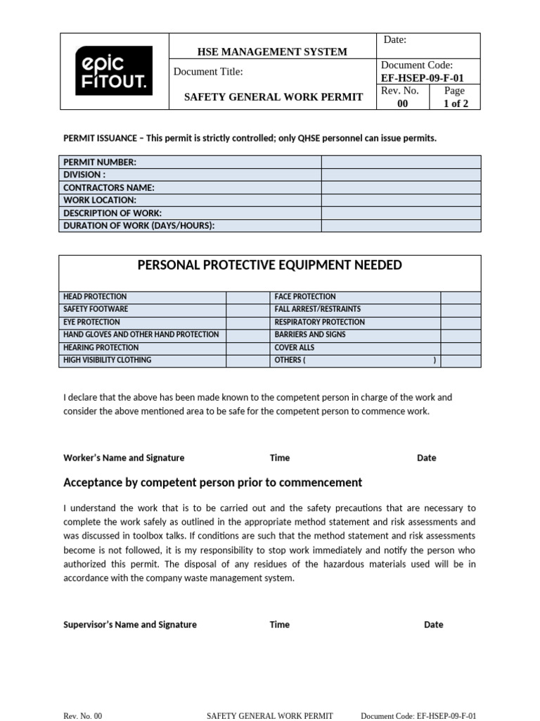01 EF-HSEP-09-F-01 Safety General Work Permit | PDF | Safety | Personal ...