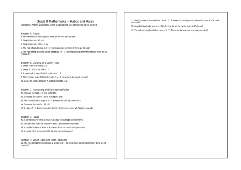 Grade 8 Ratio and Rates Worksheet Extended | PDF