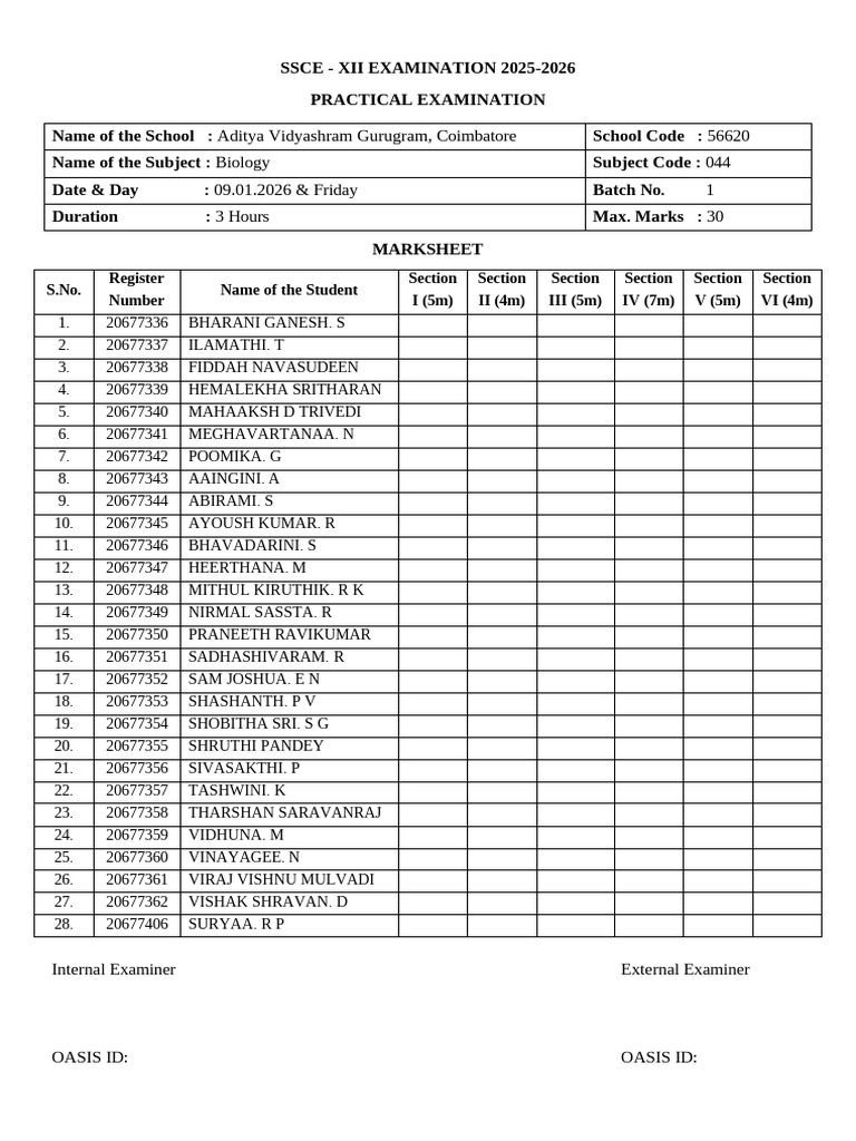 SSCE XII Practical Marksheet 25-26 | PDF