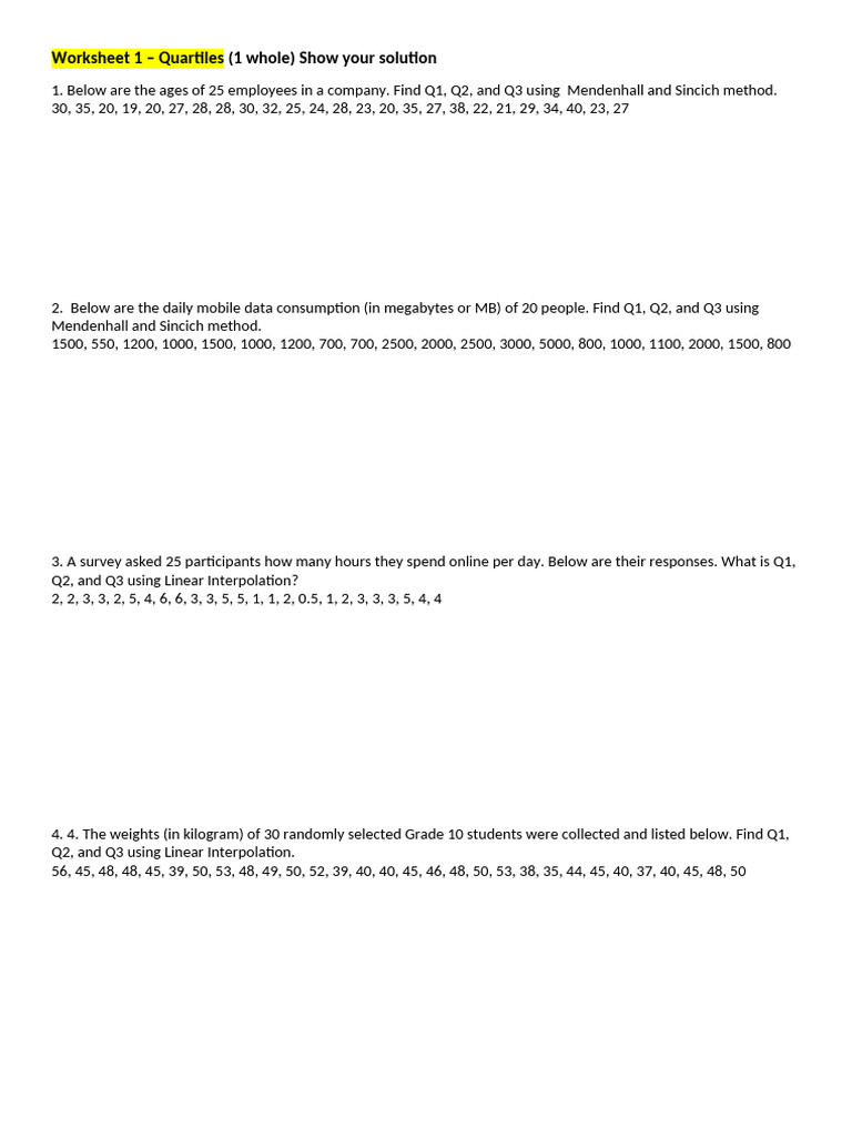 Worksheet 1 Quartiles | PDF
