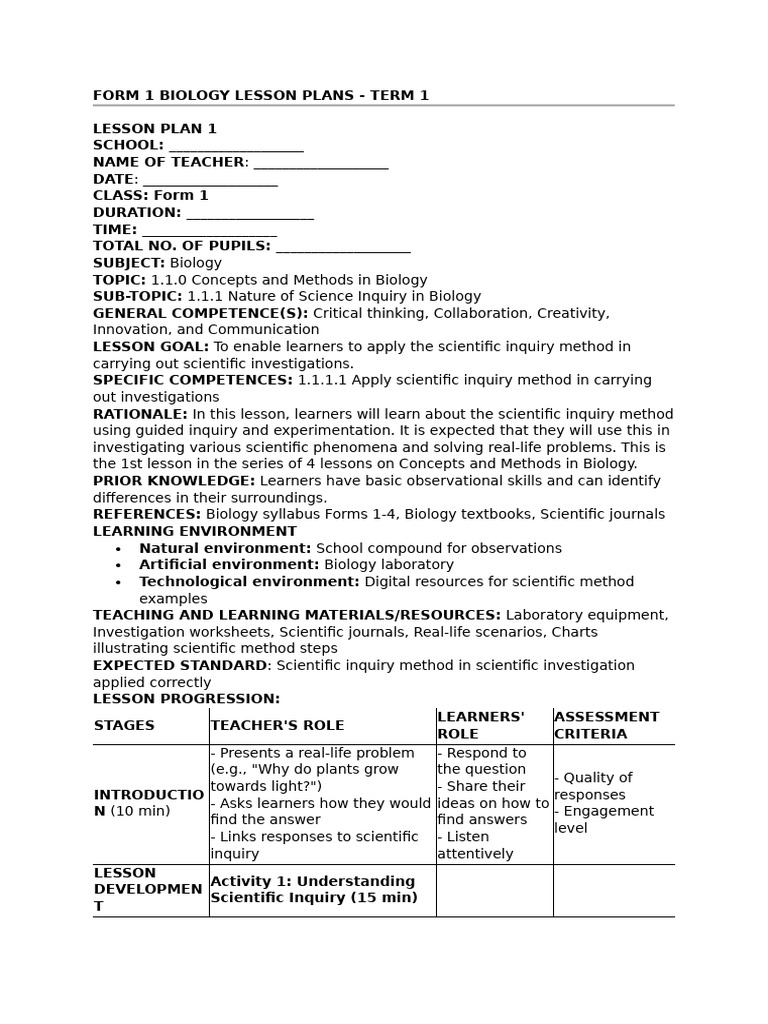 Form 1 Biology Lesson Plans - Term 1-1 | PDF | Learning | Lesson Plan