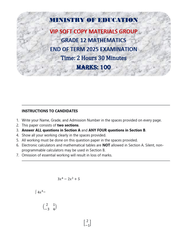Grade 12 Mathematics End of Term Test | PDF | Vertex (Graph Theory ...