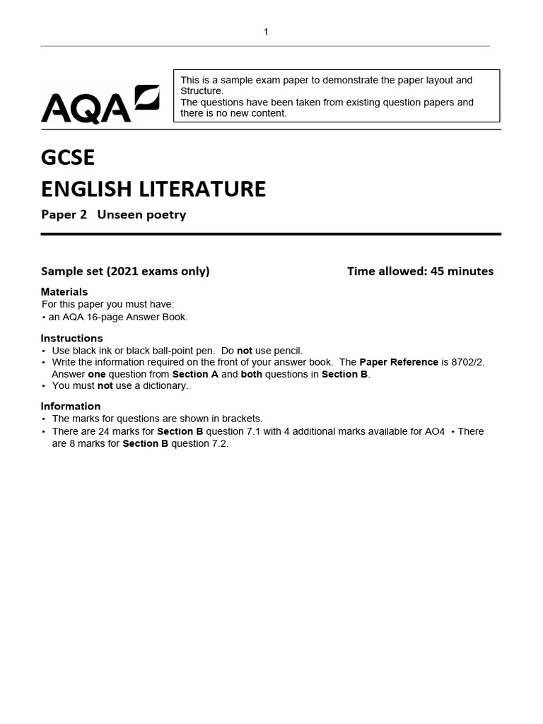 English Literature Unseen Poetry Paper AQA | PDF