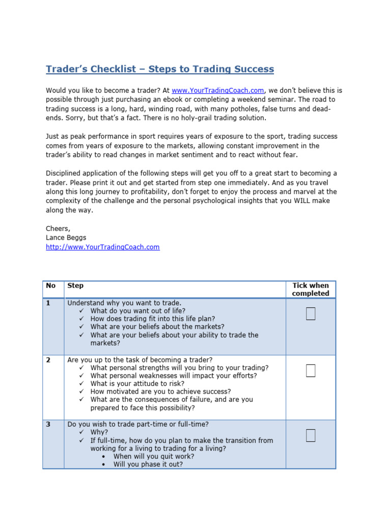 Trader's Checklist - Steps to Trading Success | PDF