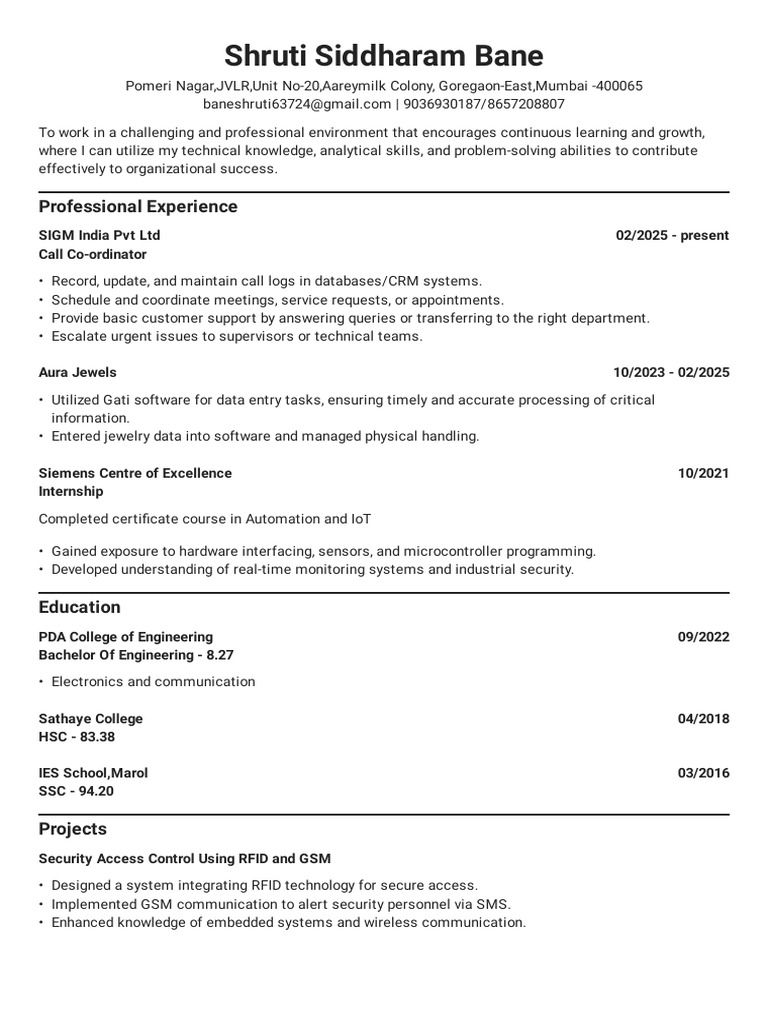 Shruti Siddharam Bane - CV | PDF | Internet Of Things | Databases