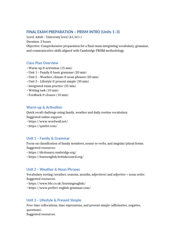 Final Exam Prep PRISM Units 1 3 | PDF