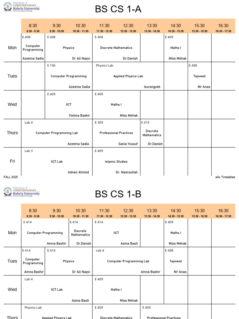 BS CS Classes Timetable Fall 2025 | PDF | Mathematics