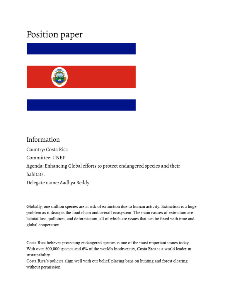Aadhya Reddy Costa Rica UNEP Position Paper | PDF | Deforestation ...