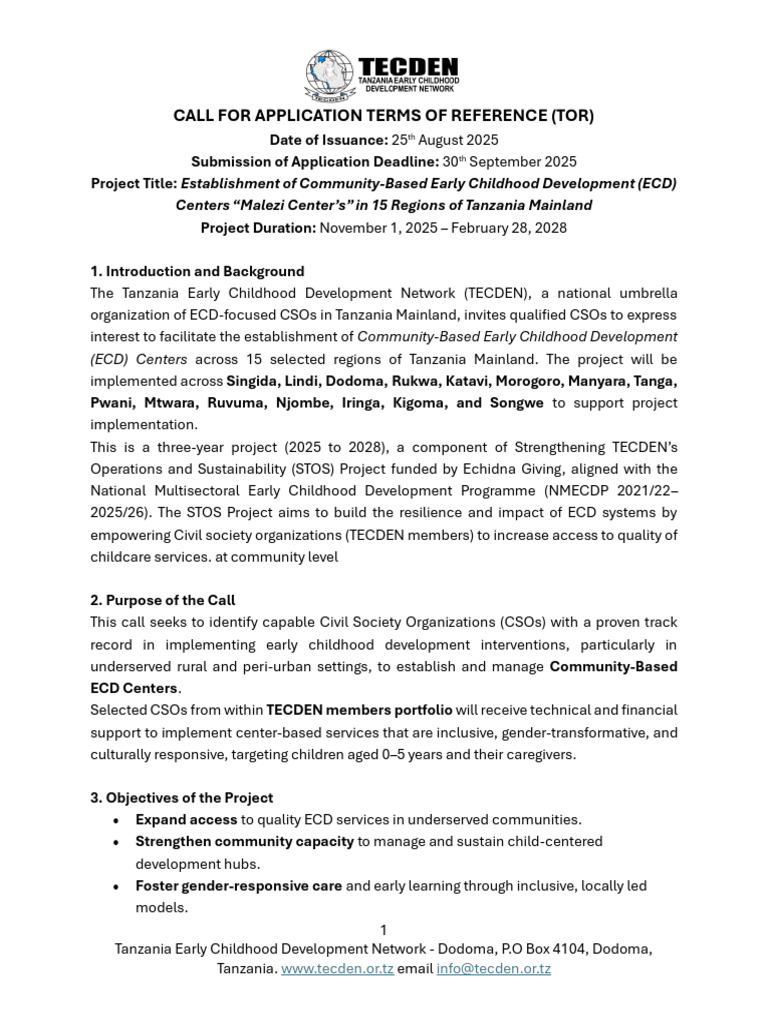 Terms of Reference For Malezi Centre Project | PDF