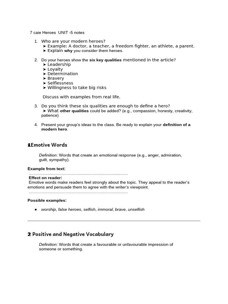 7 Eng Caie Heroes UNIT - 5 Notes | PDF | Empathy | Caregiver