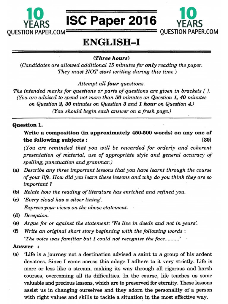Isc 2016 English 1 Class 12 | PDF