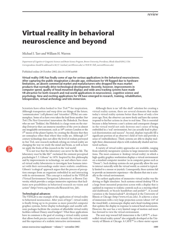 Virtual Reality in Behavioral Neuroscience and Bey | PDF | Virtual ...