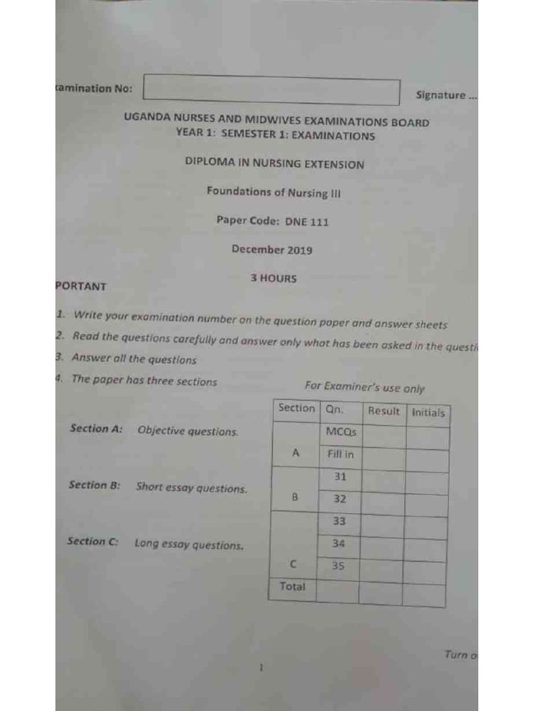 Foundation of Nursing UNMEB Exams 1 | PDF