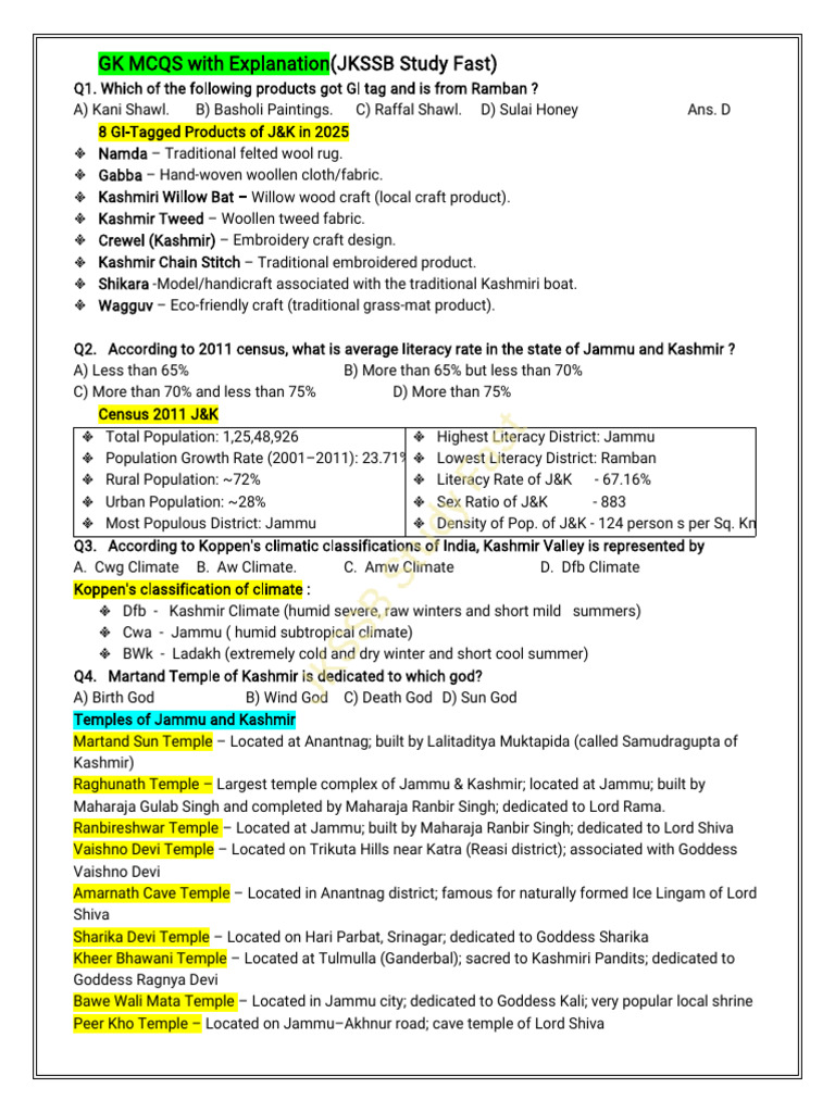 GK of J&K Quick Revision by JKSSB Study Fast | PDF