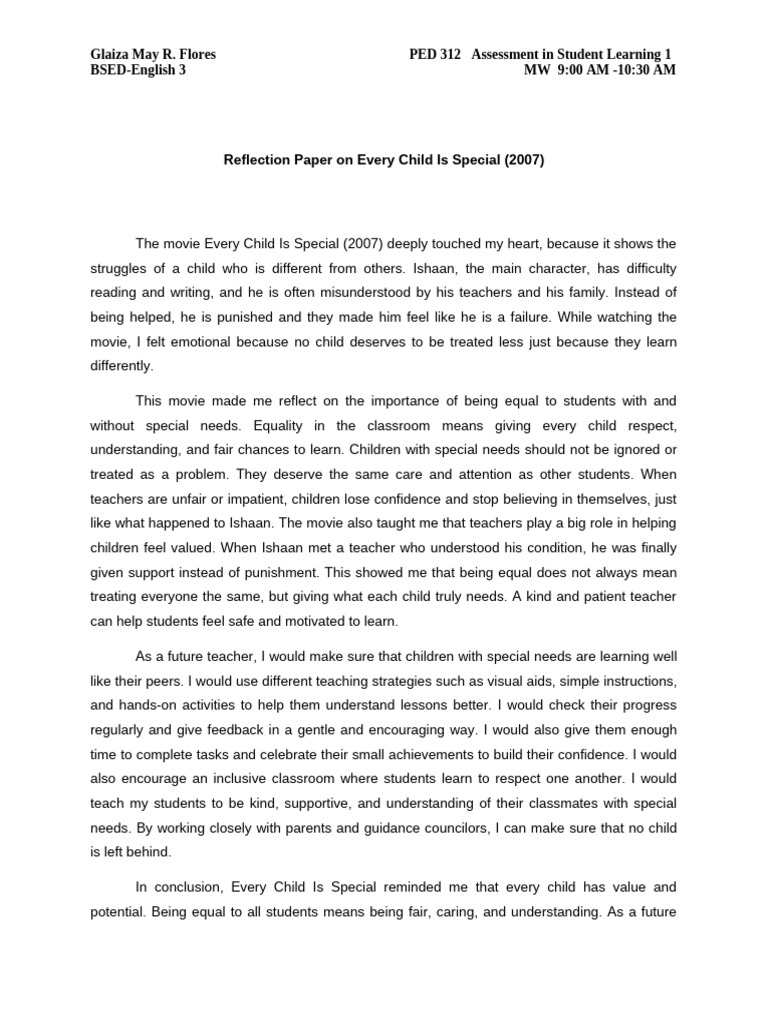 Reflection Paper on Every Child is Special | PDF | Teachers | Human ...