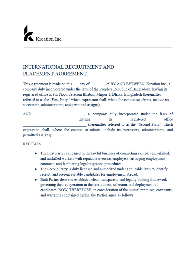 International Recruitment and Placement Agreement | PDF | Employment ...