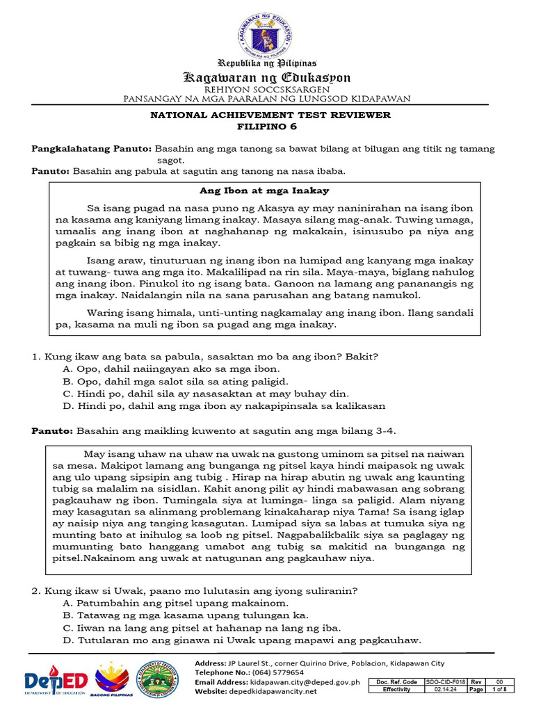 NAT 6 Reviewer Filipino | PDF