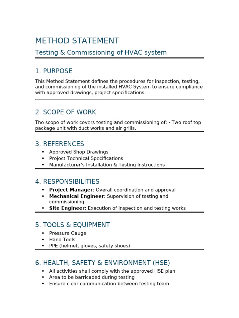 Method Statement - Testing & Commissioning Hvac | PDF